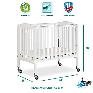 Dream On Me 2-In-1 Portable Folding Stationary Side Crib In White, Greenguard Gold Certified, Two Adjustable Mattress Height Positions,Made Of Solid Pinewood, Flat Folding Crib