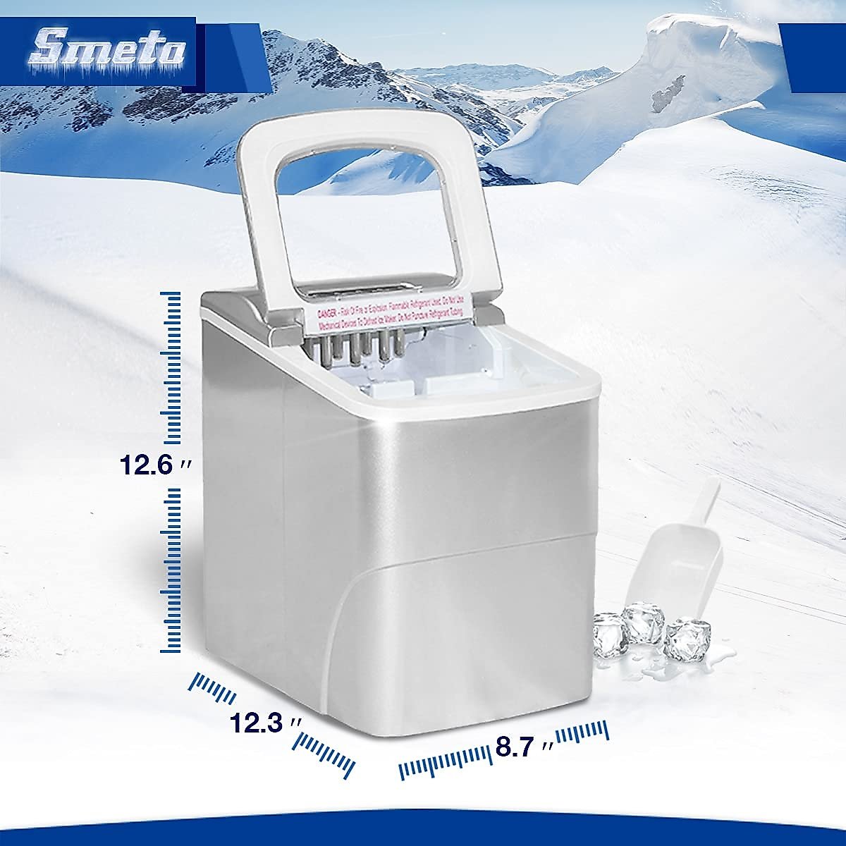 SMETA Bullet Pebble Ice Maker Machine Countertop, Chewable Nugget Ice Chip Maker Crushed Ice Machine Soft Chewy Ice Cubes Quick in 6-10mins, 26lbs/24H with Ice Scoop for Gift, Stainless Steel Silver