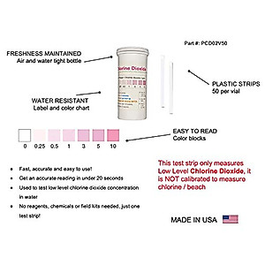 Chlorine Dioxide Single Factor Test Strips, 0-10 ppm [Vial of 50 Strips]