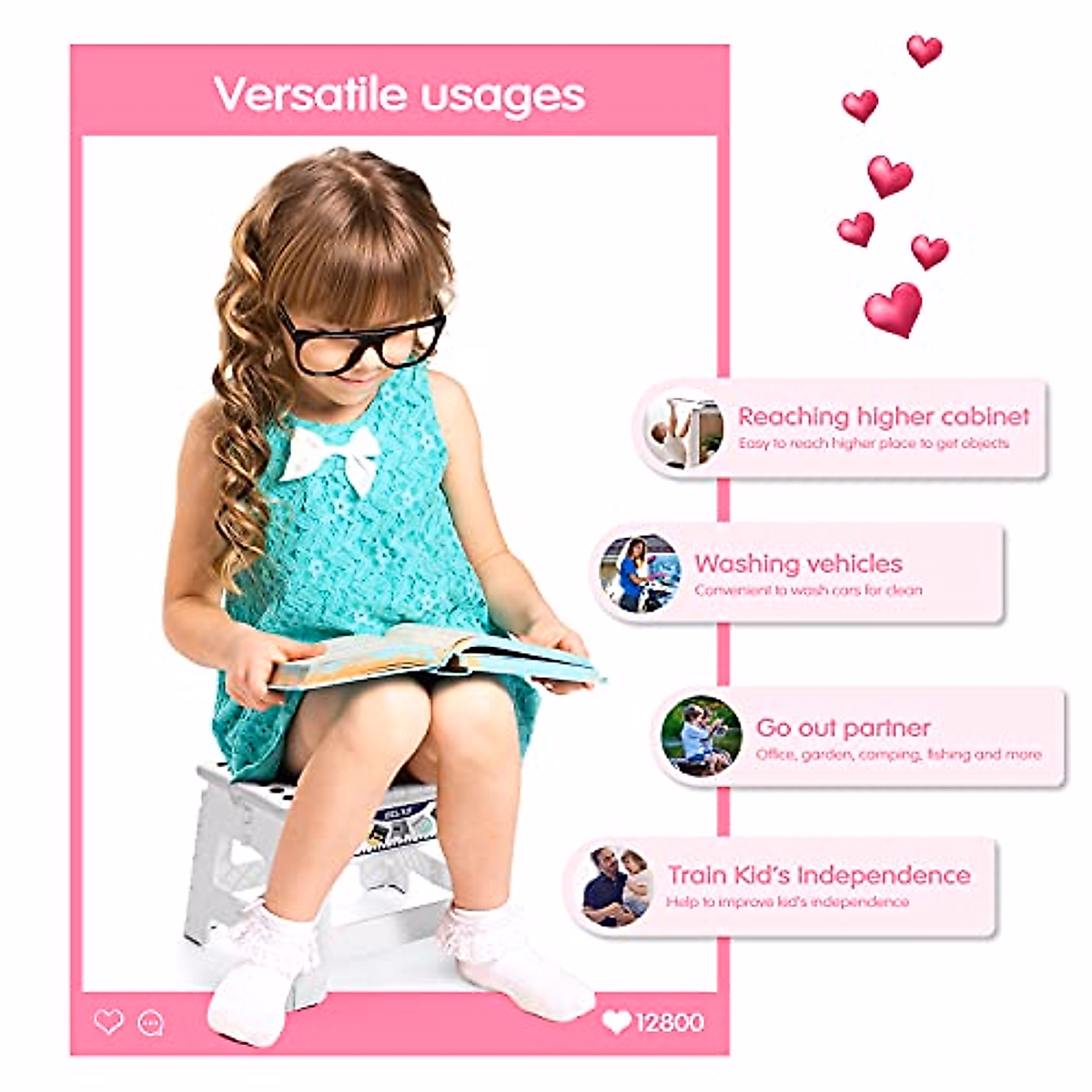 Delxo 9” Folding Step Stool in White,1 Pack Premium Heavy Duty Foldable Stool for Kids,Portable Collapsible Plastic Step Stool,Non Slip Folding Stools for Kitchen Bathroom Bedroom