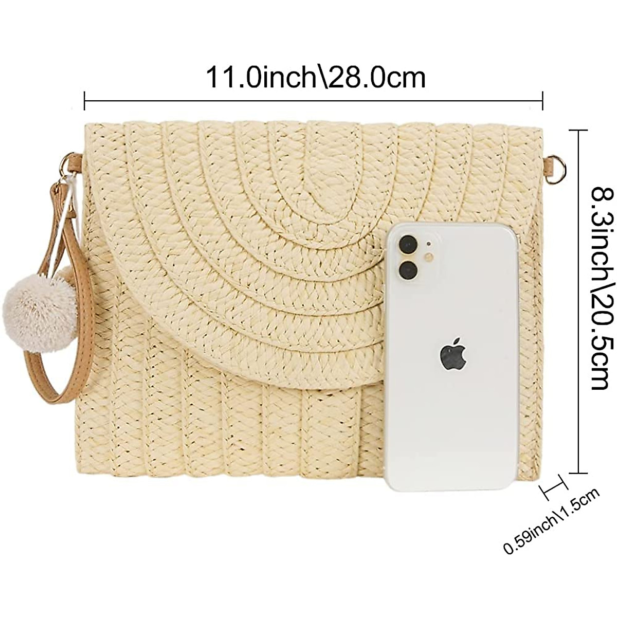 WILDAURORA Straw Shoulder Bag Straw Clutch Women Hand-woven PomPom Straw Crossbody Bag Summer Beach Envelope Purse Wallet