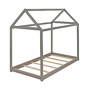 LIADTOP Twin Size Wooden House Bed,Wooden Twin Platform Bed Frame with Headboard and Footboard, Roof Design, for Toddlers Kids Boys Girls Teens,No Box Spring Needed,Grey(New)