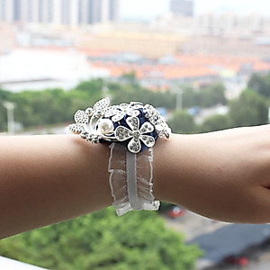 WANLIAN Wrist Corsage with Peal and Rhinestone Corsage and Boutonniere Set for Wedding,Prom,Party (Silver Navy Blue，2 Pieces)