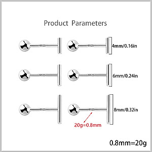 20g Tiny Bar Earrings for Women 925 Sterling Silver Hypoallergenic Minimalist Round Small Ball Stud Cartilage Tragus Barbell Screw Back Earring Simple Polished Jewelry Dainty Gifts (4mm)