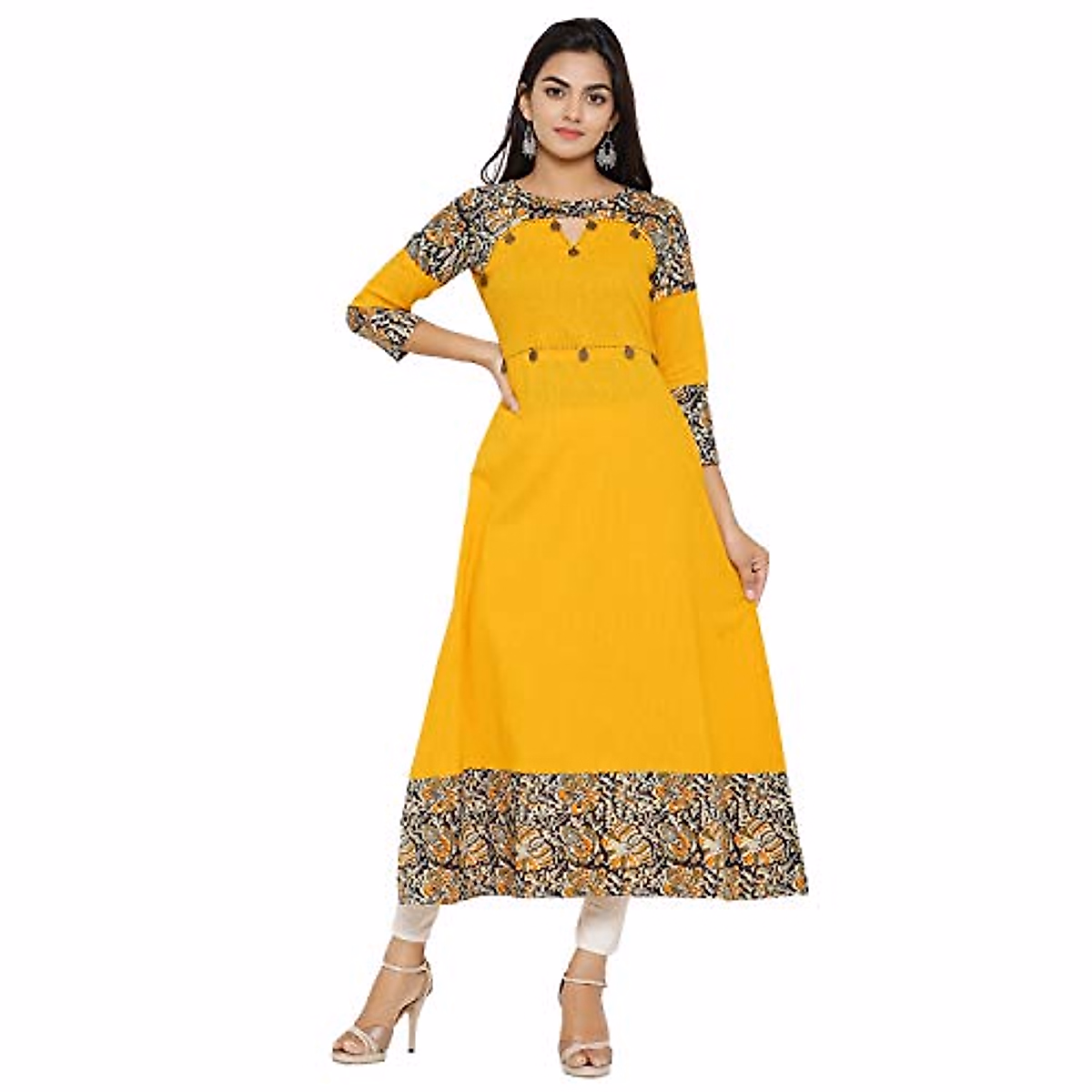 Yash Gallery Women's Plus Size Cotton Blend Kalamkari Print A-Line Kurtis (Mustard Yellow)