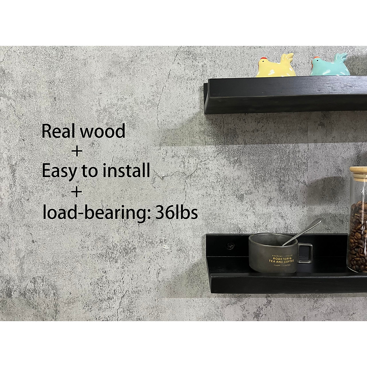 Picture Ledge Shelf,Long Floating Shelves Kids Bookshelf Wall Mounted 16 Inch, Large Pine Wood Wall Shelves for Storage, Rustic Hanging Shelves for Living Room,Bedroom Decor Books Photo Frames Black