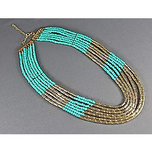 Turquoise Gold 7-Strand Layered Bib Beaded Necklace Statement Piece For Women