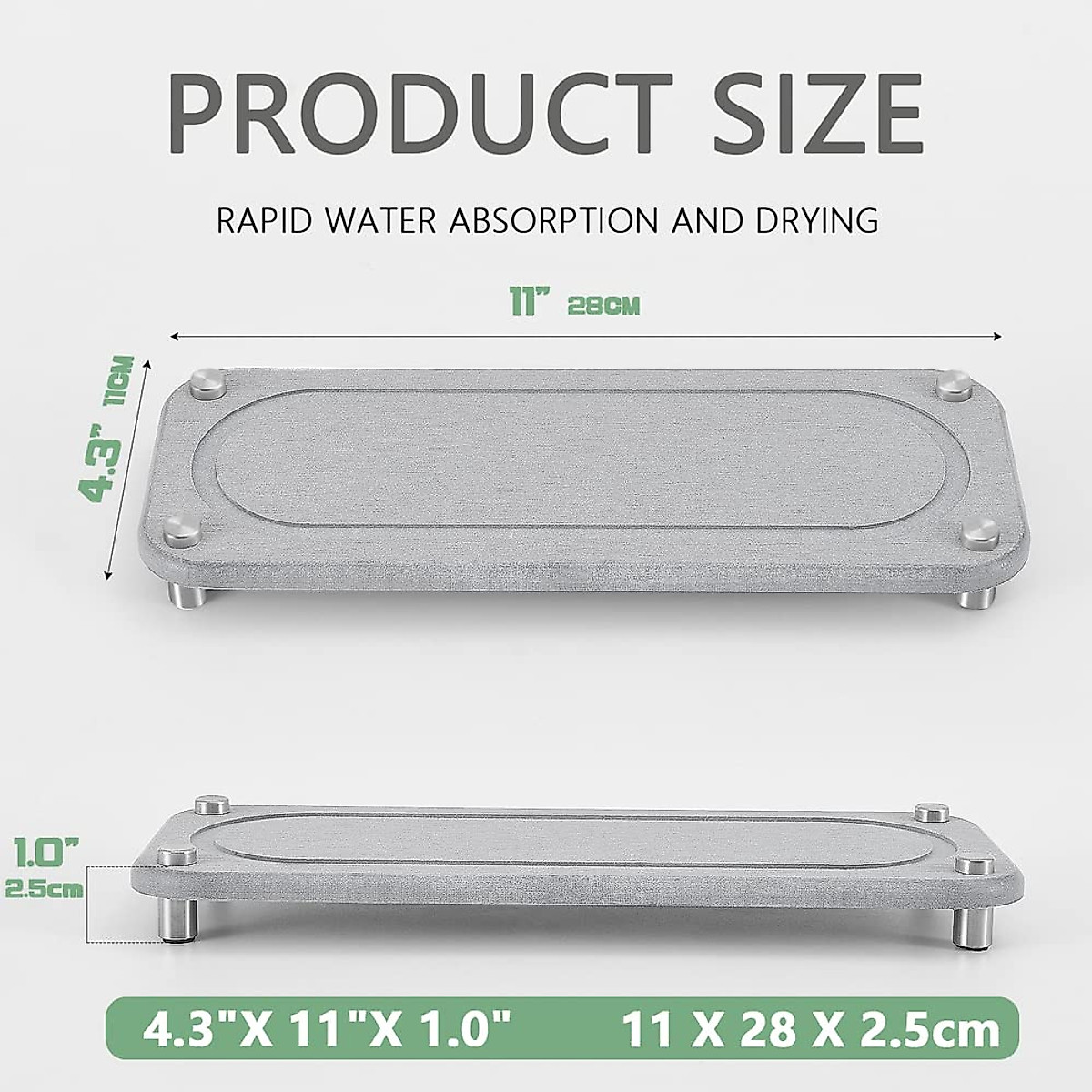 ZNOKIN Water Absorbing Stone Tray Instant Dry Sink Organizer Bathroom Kitchen Sink Sponge Holder Diatomaceous Earth Fast Drying Stone with Pedestal Stainless Steel Feet (Light Grey)