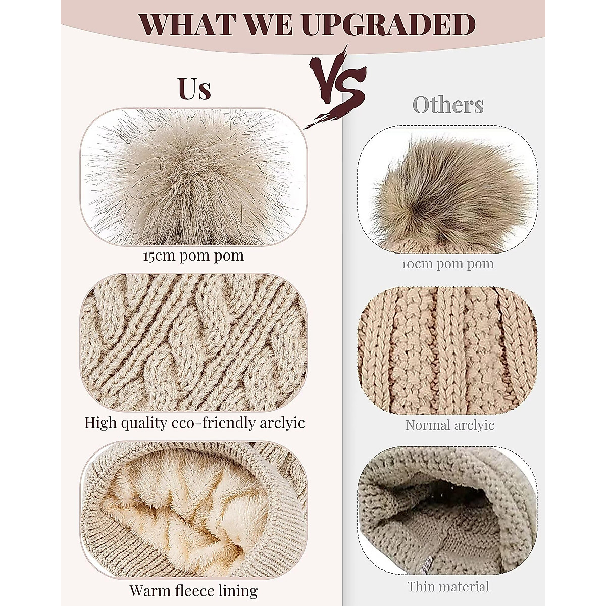 Alepo Womens Winter Beanie Hat, Warm Fleece Lined Knitted Soft Ski Cuff Cap with Pom Pom(Beige)