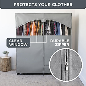 HOLDN’ STORAGE Portable Wardrobe Closet, Large - Premium Heavy Duty Metal Hanging Rod with Dark Gray Cover- 50 Lb. Weight Capacity- Super Easy Assembly, No Tools Required