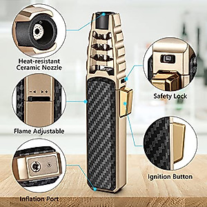 Butane Torch Lighter, Refillable Kitchen Cooking Torch Windproof Adjustable Flame Solar Beam Torch Blow Torch with Safety Lock for Baking Creme Brulee HGT-588 (Butane Gas Not Included) (Black)