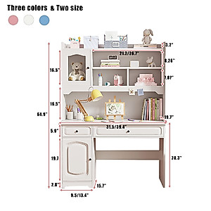 Study Desk with Hutch & Bookshelf & Drawers,Wooden Computer Desk Home Office Desk Teenager Desk,Cute Writing Study Desk Bookshelf Combo for Girl Boy(31.5inch, Pink)