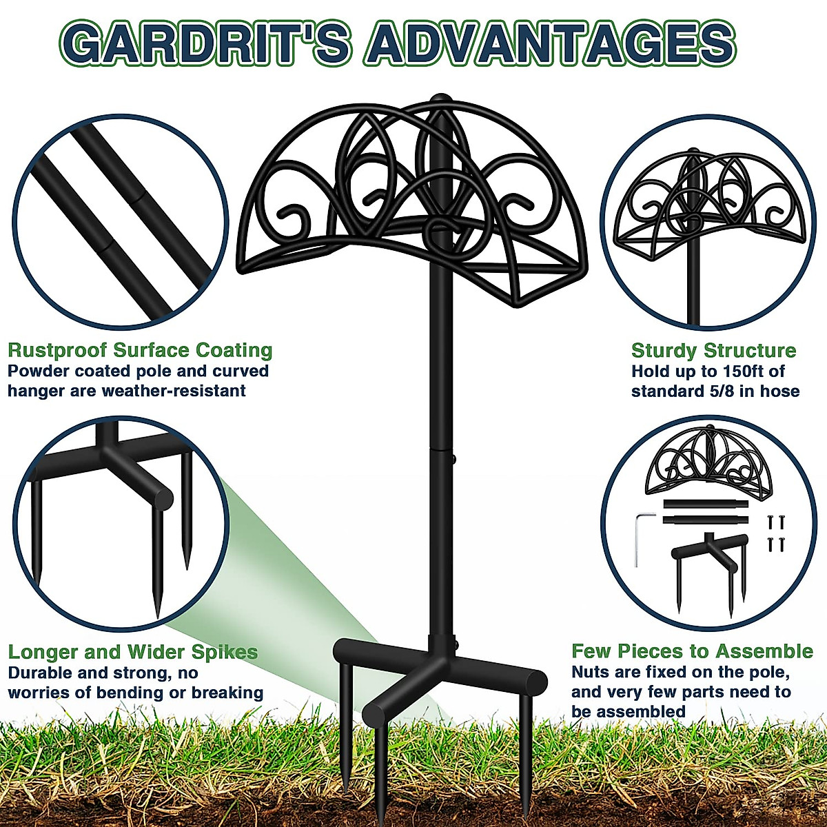 GARDRIT Garden Hose Holder, Black, Detachable, Easy Assembly, Rust Resistant