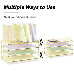 ORDROLL Desk Paper Organizer with Handle,3 Tier Letter Trays with 5 Vertical File Holder,Paper Storage,Desktop Organizer for Classroom,Home or Office,Gold