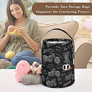 MCHIVER Black Motorcycle Yarn Storage Bag Crochet Bag Organizer for Crocheting Portable Knitting Bag with Pockets Travel Crochet Bag for Knitting Needles and Accessory