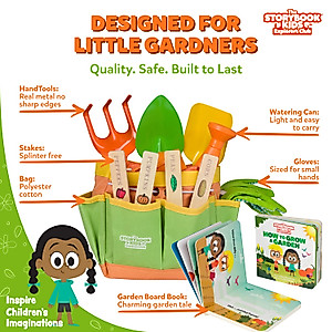Matching Board Book - Green Kids Gardening Tools Set Includes Sturdy Tote Bag, Watering Can, Shovel, Rake, and Trowel - Garden Storybook - Kids Garden Tools- Easter Gifts for Toddler Age on up.