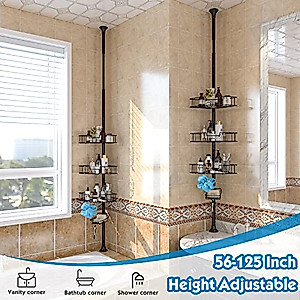 DEROFIT Shower Caddy Corner for Bathroom,Bathtub Storage Organizer for Shampoo Accessories, Rustproof 3 Tier Adjustable Shelves Shower Caddy with Tension Pole,56 to 125 Inch