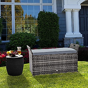 YITAHOME 90 Gallon Outdoor Wicker Storage Bench w/Cushion, Large PE Rattan Deck Storage Box w/Handles & Hydraulics for Patio Furniture, Cushions, Garden Tools, Pool & Sports Equipment, Gray