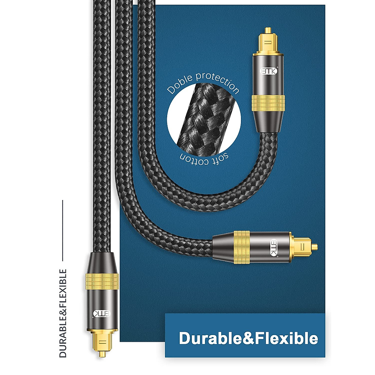 EMK Optical Audio Cable Digital Toslink Cable 24K Gold-Plated Nylon Braided S/PDIF Cable for Home Theater, Sound Bar, TV, PS4, Xbox, PlayStation (3.3Feet/1M)