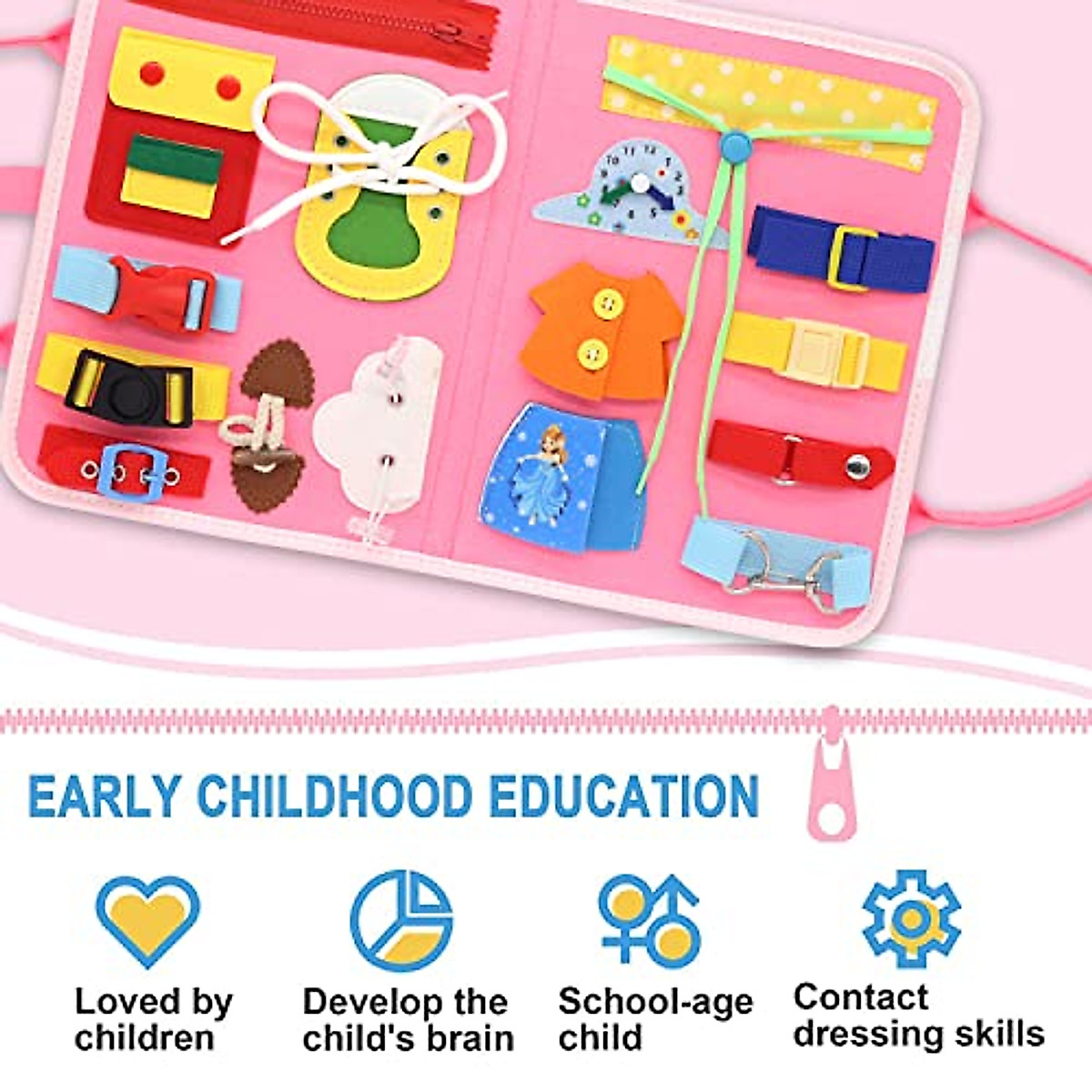 Busy Board Montessori Toys for Toddlers Sensory Board Toys Preschool Activities Educational Toys Learning Basic Dress Skills Travel Toys for Toddlers Gifts for 1 2 3 4 Year Old Boys & Girls (Pink)