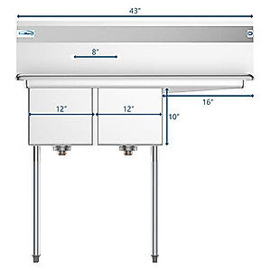 KoolMore - SB121610-16R3 2 Compartment Stainless Steel NSF Commercial Kitchen Prep & Utility Sink with Drainboard - Bowl Size 12" x 16" x 10", Silver