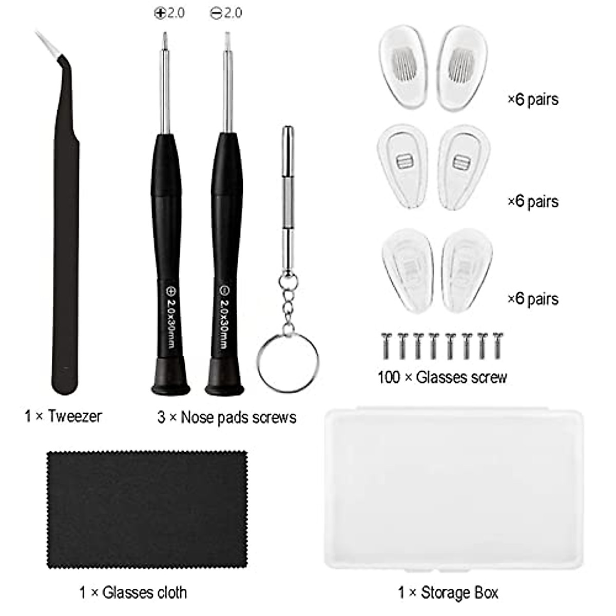 18 Pairs Eyeglass Nose Pads, Eyeglasses Repair Kit with Screwdrivers, Nose Pads, Screws, Tweezer, Cleaning Cloth for Glasses, Glasses and Sunglass Nose Pad Replacement