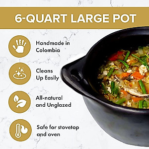 Toque Blanche Clay Pot Essentials - Versatile Clay Cooking Pots, Handmade Earthenware Cookware - Perfect for Cooking Soups, Stews, and More | Black - 6-Quart Large Pot with Handle & Lid