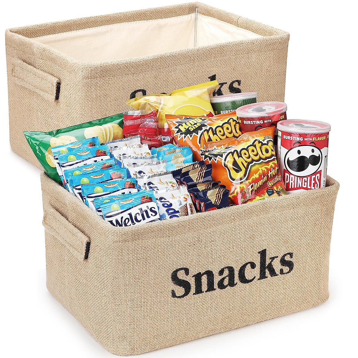 FLINKYE 2 Pack Snack Storage Organizer Basket Bins for Pantry Shelf and Countertop, Large Burlap Snacks Basket Container for Kitchen Office Popcorn Candy Pretzels and more