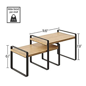 HILINSIE Cabinet Organizer Shelf- Set of 2 Kitchen Counter Shelves, Expandable Spice Racks, Stackable Counter Top Shelf, Engineered Wood and Metal, 7.7 x 11.6 x 14 Inches, Natural and Black