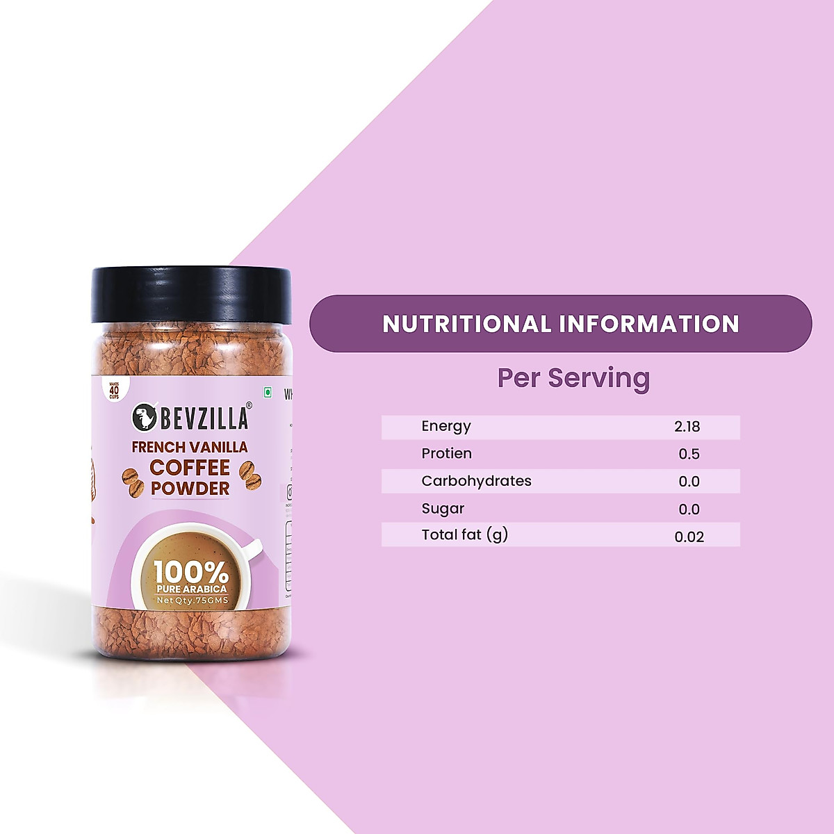 Bevzilla Instant Coffee Powder (French Vanilla Flavour) - 75 Grams | Premium Arabica Beans | Hot & Cold Coffee | Makes 40 Cups | Strong Coffee | Flavoured Coffee| Glass Jar