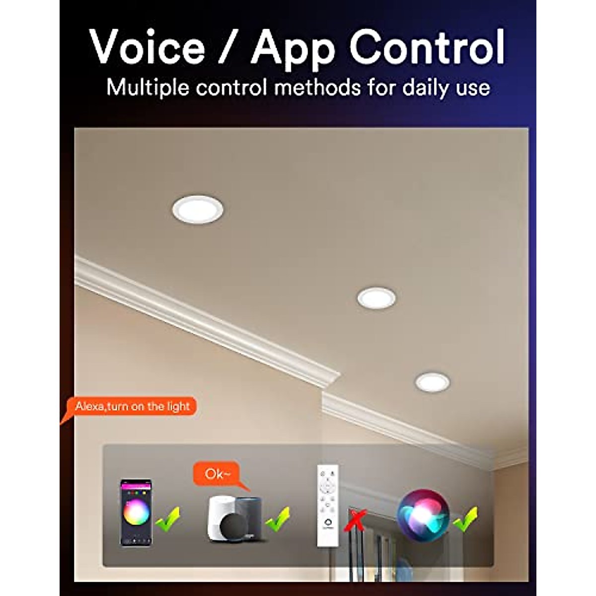 Lumary Recessed Lighting Slim 6 Inch Smart LED Recessed Lights 13W 1100LM WiFi Bluetooth LED Retrofit Downlight with Junction Box Work with Alexa/Google Assistant(6inch-4PCS)