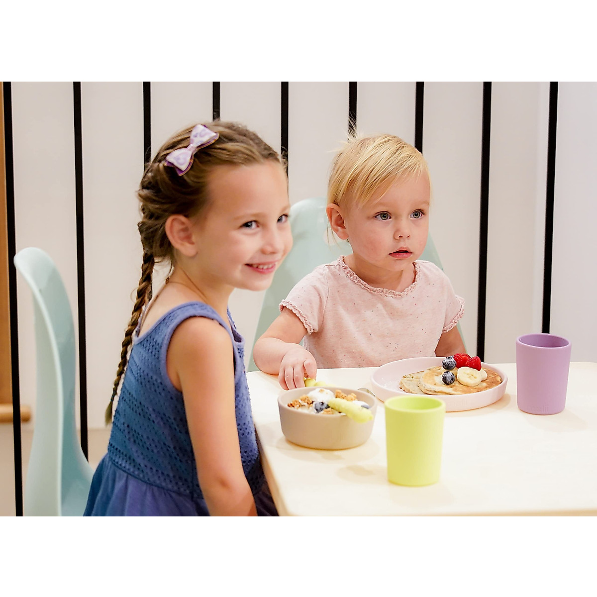 melii Non-Suction Silicone Plate, Bowl and Cup Set for Toddlers, Kids and Children (Lime, Mint, Blue)