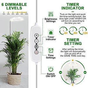 LORDEM Grow Light, 7.9" Full Spectrum LED Plant Grow Light, Height Adjustable Growing Lamp with Auto Timer 4H/8H/12H, 6 Dimmable Levels, 2 Packs