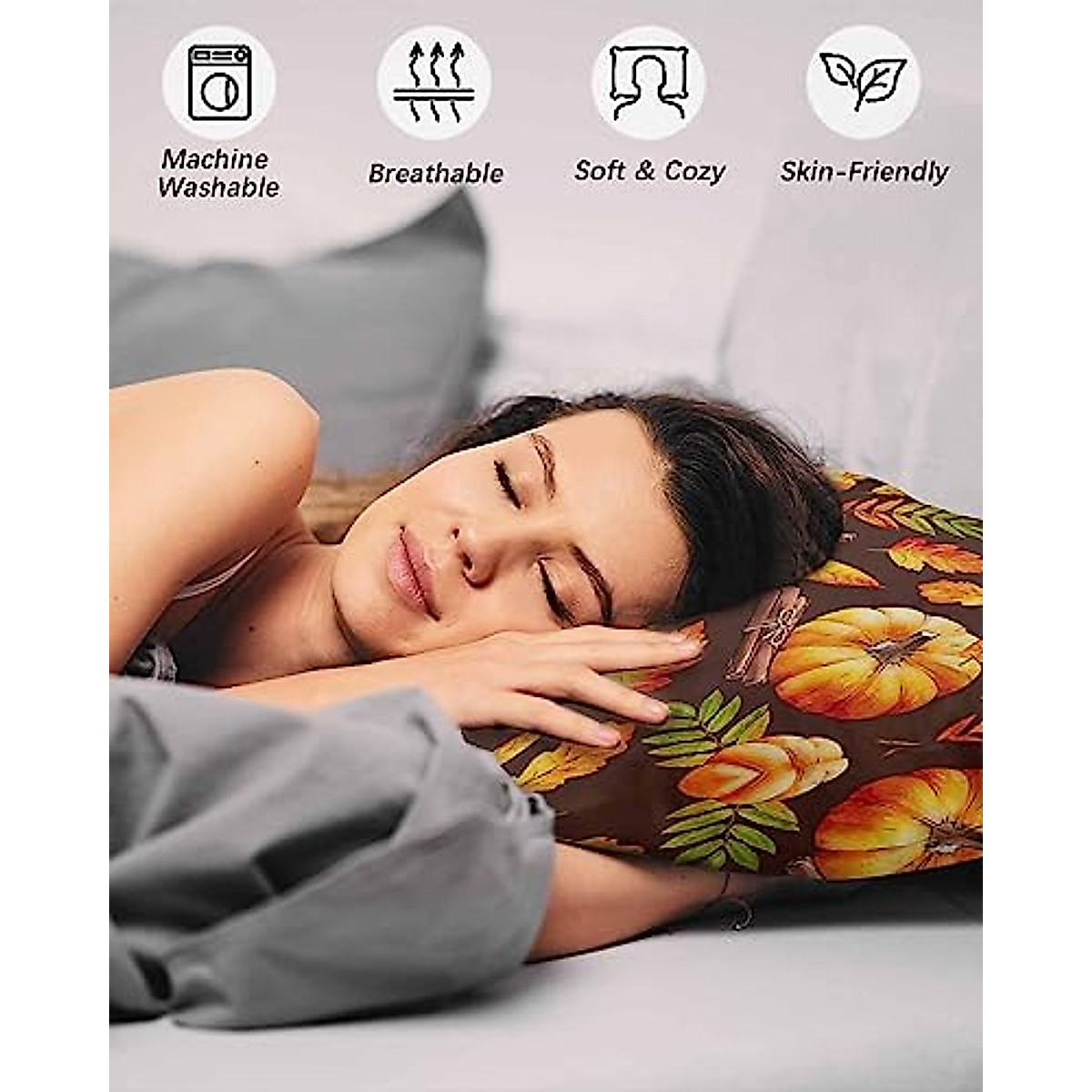 Edwiinsa Fall Pumpkin Pillow Covers Standard Size Set of 2 Bed Pillow, Brown Autumn Maple Leaves Farmhouse Plush Soft Comfort for Hair/Skin Cooling Pillowcases with Envelop Closure 20''x26''