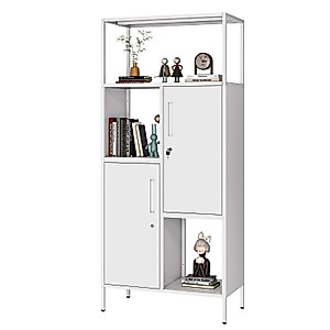 AFAIF Bookshelf with Doors, 71" H Tall Bookcase with Storage Shelves and Lock, Modern Open Shelf Bookcase, White Metal Bookcases with Storage Cabinet for Home Office, Bedroom, Living Room