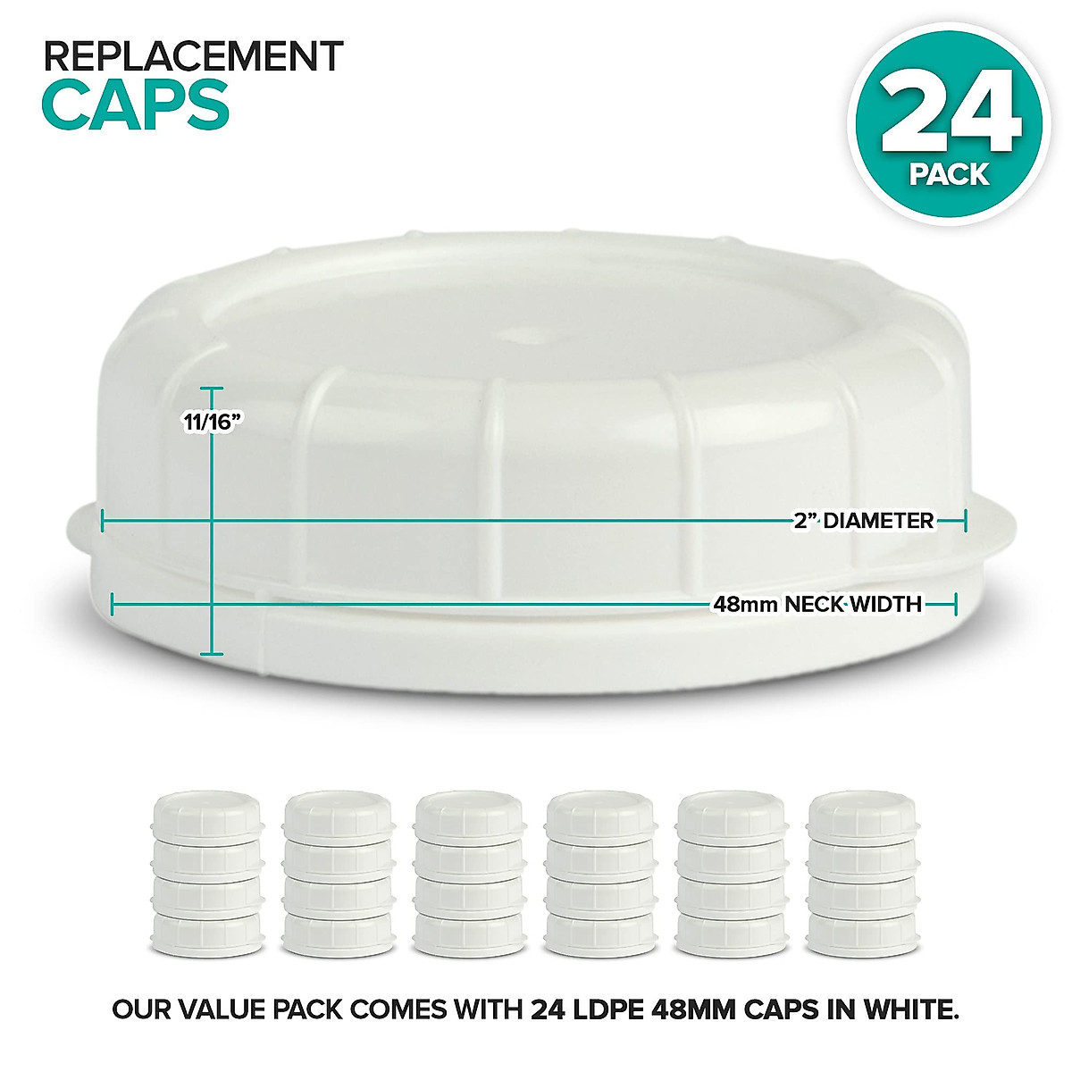 Replacement Snap-On Caps for Stock Your Home Milk Bottles (24 Pack), 48mm Snap-On Caps for Glass Milk Bottles, Tamper Resistant Lids, Plastic Leak Proof Lid, Crack Resistant Bottle Cap Refills, White