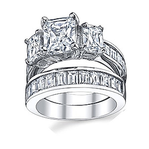 2 Carat .925 Sterling Silver Radiant Cut Cubic Zirconia CZ Women's Engagement Ring Set Sizes 4 to 11