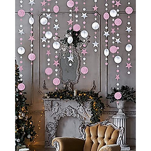 Glitter Star Circle Dot Garland, Twinkle Little Star Party Decoration Hanging Streamer Backdrop Banner, for Wedding Baby Shower Christmas Birthday Party Decor Supplies, 3 String Totle 39 Feet (Pink)
