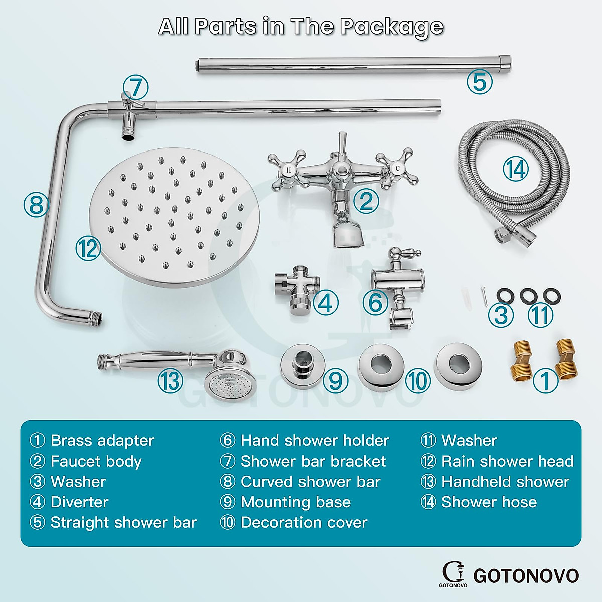 gotonovo Exposed Shower Faucet Set 8 Inch Rainfall Showerhead 3-Function Shower Fixture with Tub Spout 2 Corss Handles Shower System Polish Chrome