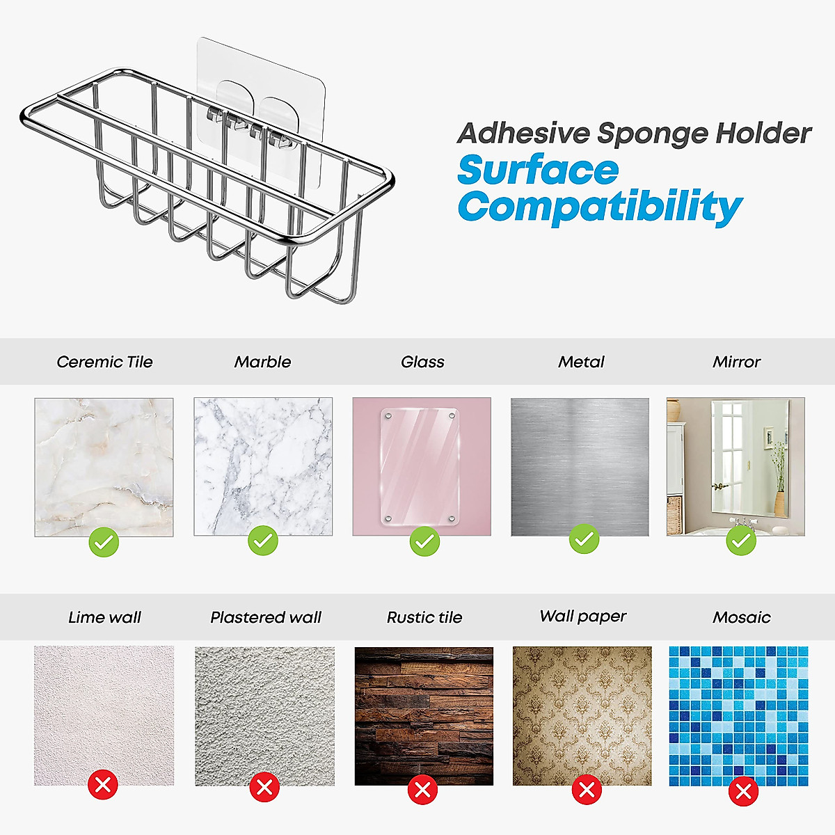 KESOL Adhesive Kitchen Sink Sponge Holder + Dish Cloth Hanger + Soap Holder, 2-in-1 Kitchen Sink Caddy, 304 Stainless Steel Rust Proof, Water Proof, No Drilling (Silver)