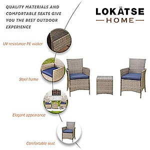LOKATSE HOME 3 Piece Patio Bistro Set for Porch Outdoor Furniture PE Rattan Wicker Conversation Chairs with Coffee Table, Blue Cushions