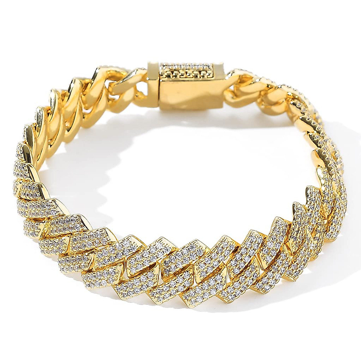 LKV 14K 14mm Zircon Diamond Miami Cuban Chain Bracelet Gold Plated Hip Hop Iced Out CZ Link Chain Bracelet for Men and Women(gold 8inch)