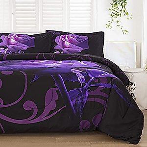 Purple Comforter Set Full Reversible Purple Rose Pattern Printed Bedding Down Comforter with 2 Pillow Cases for All Seasons, Soft Microfiber Bedding Comforter Duvet Set for Full Bed 80"x90"