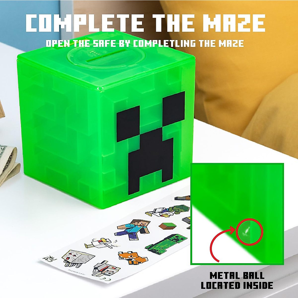 Paladone Minecraft Creeper Maze Safe, Complete The Maze to Unlock Money, Fun Minecraft Block Collectible Toy and Piggy Bank for Kids, Comes with Decorative Stickers
