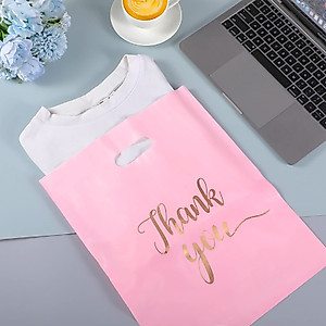 200 Pieces Plastic Thank You Bags Plastic Shopping Bags for Small Business Pink Gift Bags with Handles Merchandise Bags with Gold Thank You Logo for Party Stores Business Gift Supplies (12 x 15 Inch)