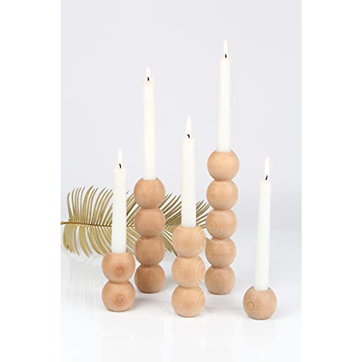 Gurfuy Wood Candle Holders Set of 5 - Rustic Long Wooden Candlestick Holders Bulk un Finished Nature Wood Decorative Candle Stand for Table Wedding Dinning CenterpiecesFestival (Bead Cylinder)