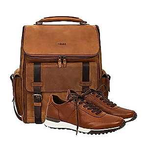 VELEZ 12 Mens Brown Business Casual Sneakers + Top Grain Leather Backpack for Men Brown Designer Bookbag Business Casual Shoulder Bag