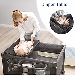 Pamo Babe Portable Crib for Baby, 4 in 1 Baby Nursery Center, Baby Playard with Changing Table, Bassinet and Mattress(Grey）