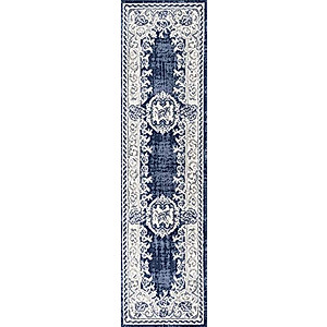 JONATHAN Y MDP401A-210 Rosalia Cottage Medallion Indoor Area-Rug Vintage Bohemian Easy-Cleaning Bedroom Kitchen Living Room Non Shedding, 2 ft x 10 ft, Ivory/Navy