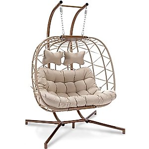 RADIATA Double Egg Chair with Stand Luxury Outdoor Patio Wicker Loveseat Hanging Swing Chairs Resistant Cushions Metal Frame 500 lbs Capaticy for 2 Persons Backyard Balcony Beige Beige Rattan